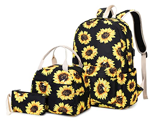 Sunflower Backpack Set for Teen Girls Bookbag School backpack Set with Lunch Bag and Pencil Bag 3 in 1
