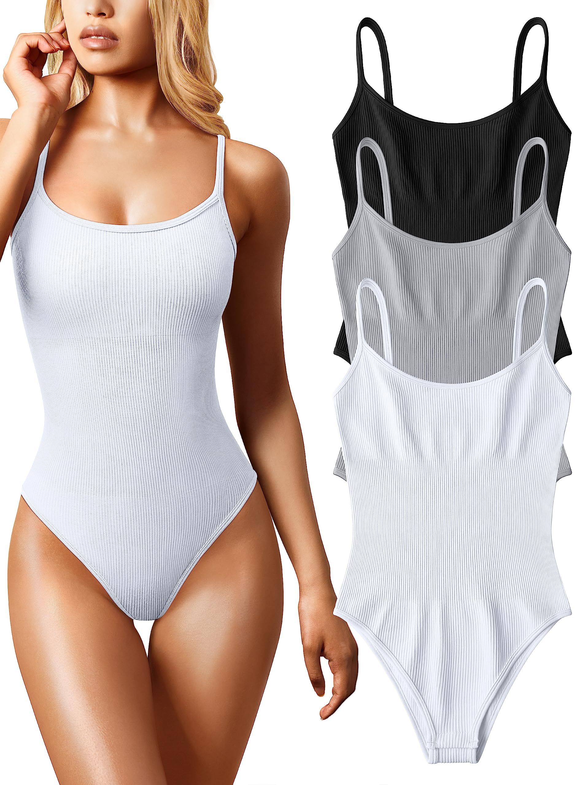 OQQ Women's 3 Piece Bodysuits Sexy Ribbed Sleeveless Adjustable Spaghetti Strips Tops Leotard 2025 Summer Black Grey White