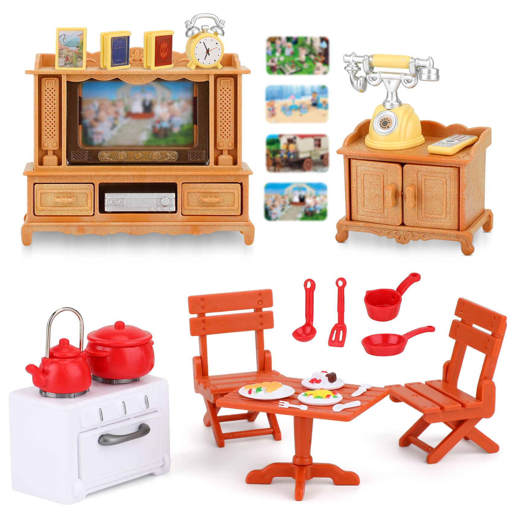 26pcs Miniature Dollhouse Furniture, 1:12 Doll House Furniture Table Chair TV Cabinet Set, Kitchen Pretend Play Toys with Cooktop Kettle, Mini Dollhouse Accessories for Birthday Christmas Party Gift