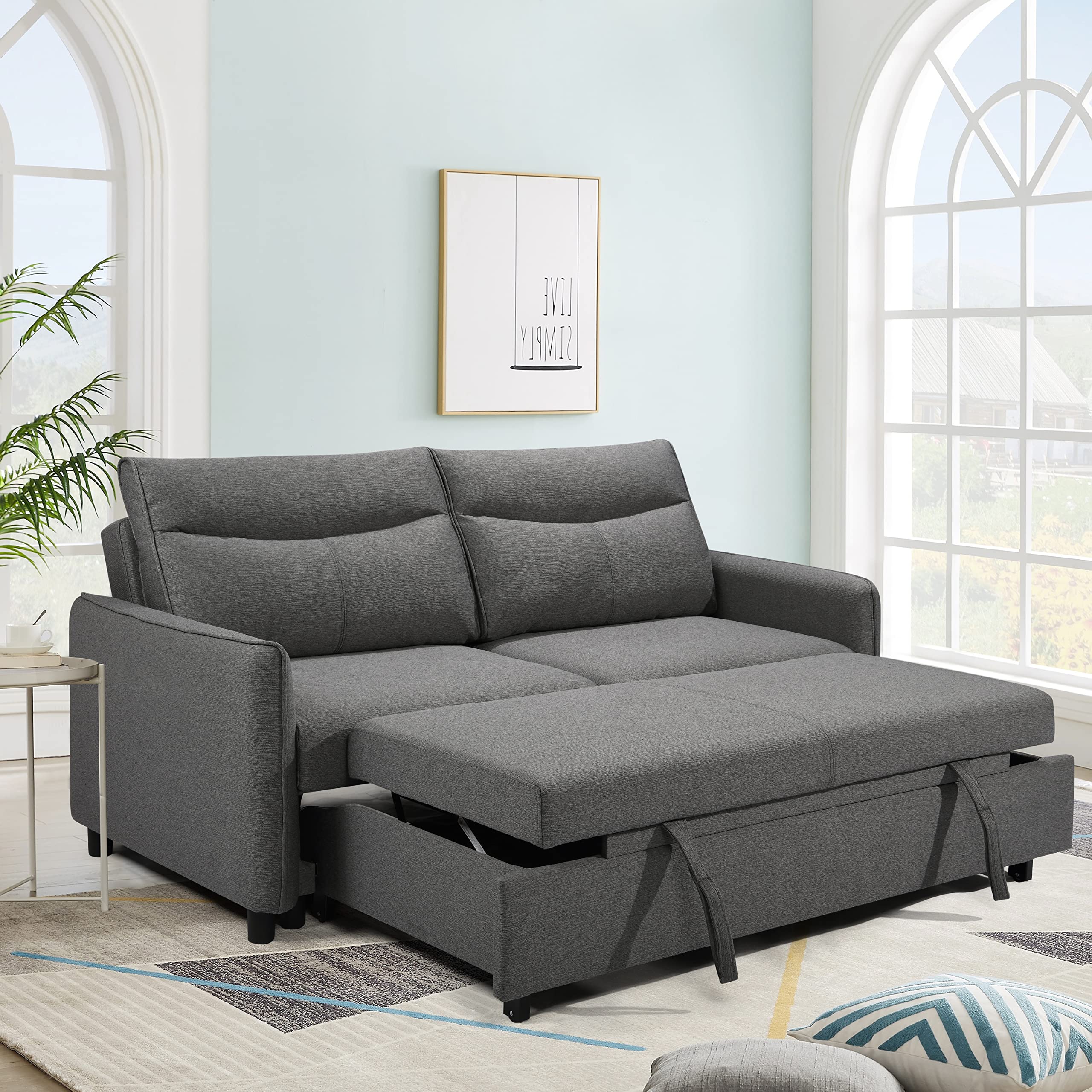 74.5" W Futon Loveseat W/Pull Out Sleeper Couch Bed and 2 Pillows,3 in 1 Reclining Backrest Love Seat Convertible Queen Size Sleeper&Sofabed for Home Apartment Office Living Room