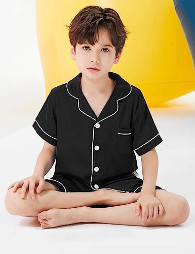SWOMOG Kids Satin Pajama Set Size 6-7 Girls Boys Button Down Sleepwear Silk Pjs Set Short Sleeve 2 Pcs Summer Outfits Shorts Set Black