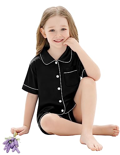 SWOMOG Kids Satin Pajama Set Size 6-7 Girls Boys Button Down Sleepwear Silk Pjs Set Short Sleeve 2 Pcs Summer Outfits Shorts Set Black