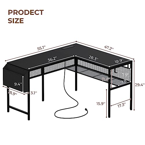 PRAISUN L Shaped Office Desk with Power Outlets, Reversible Computer Desk with Grid Bookshelf and Storage Bag, Gaming Desk, Home Office Desk Corner Desk with Hooks, Black
