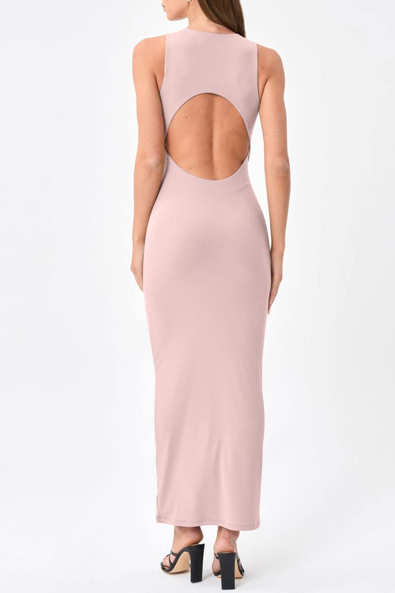 LILLUSORY Backless Maxi Dress Women's 2023 Spring Summer Casual Long Tank Dresses Sexy Basic Bodycon Party Dress Pink