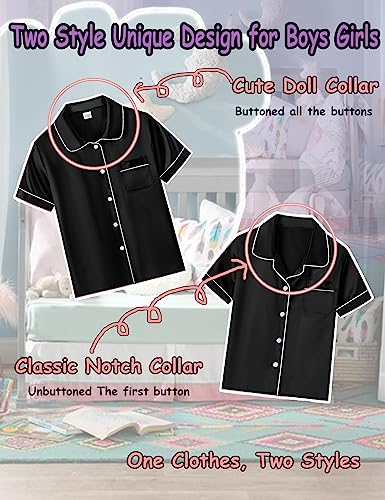 SWOMOG Kids Satin Pajama Set Size 6-7 Girls Boys Button Down Sleepwear Silk Pjs Set Short Sleeve 2 Pcs Summer Outfits Shorts Set Black