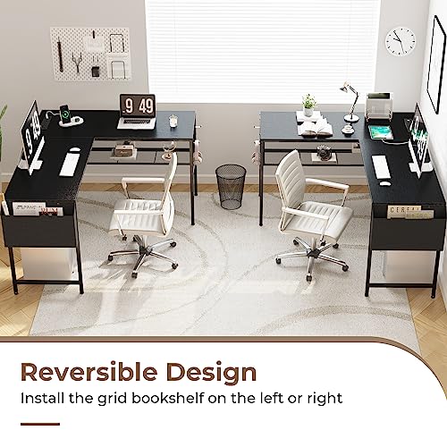 PRAISUN L Shaped Office Desk with Power Outlets, Reversible Computer Desk with Grid Bookshelf and Storage Bag, Gaming Desk, Home Office Desk Corner Desk with Hooks, Black
