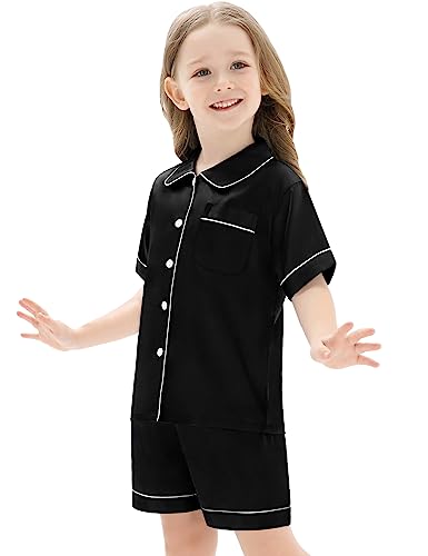SWOMOG Kids Satin Pajama Set Size 6-7 Girls Boys Button Down Sleepwear Silk Pjs Set Short Sleeve 2 Pcs Summer Outfits Shorts Set Black