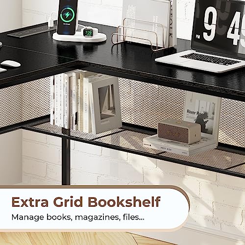 PRAISUN L Shaped Office Desk with Power Outlets, Reversible Computer Desk with Grid Bookshelf and Storage Bag, Gaming Desk, Home Office Desk Corner Desk with Hooks, Black