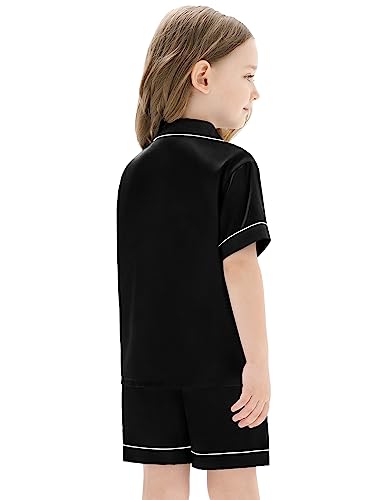SWOMOG Kids Satin Pajama Set Size 6-7 Girls Boys Button Down Sleepwear Silk Pjs Set Short Sleeve 2 Pcs Summer Outfits Shorts Set Black