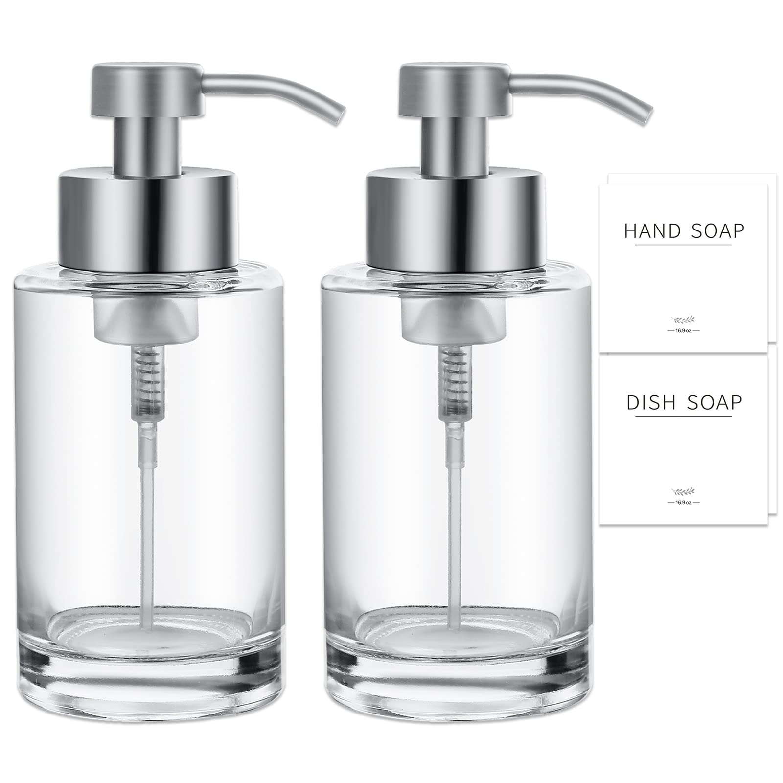 Foaming Soap Dispenser Set, 12 Oz Glass Hand Soap Dispenser with 304 Rust Proof Stainless Steel Pump, Waterproof Labels, for Bathroom Decor Kitchen College Dorm, Clear Silver Pump 2 Pack