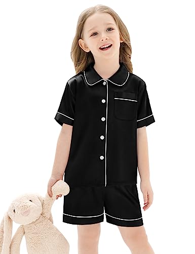 SWOMOG Kids Satin Pajama Set Size 6-7 Girls Boys Button Down Sleepwear Silk Pjs Set Short Sleeve 2 Pcs Summer Outfits Shorts Set Black