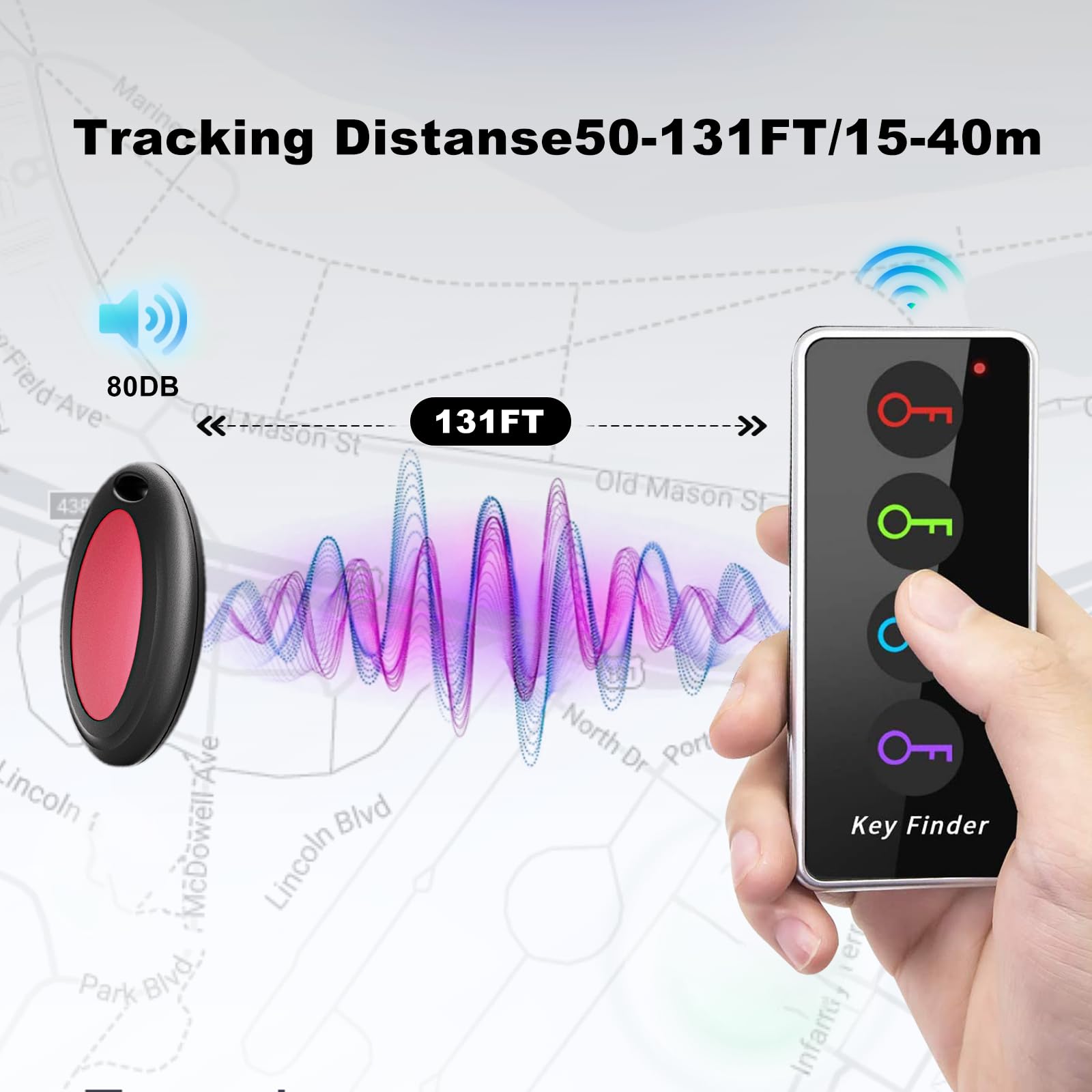 MYLAIM Wireless Key Finder with LED Light (131ft Range) - Easy-to-Use for Seniors - Locate Keys, Phones, Wallets, and TV Remotes - 4 Receivers, No App Required - Includes Batteries.