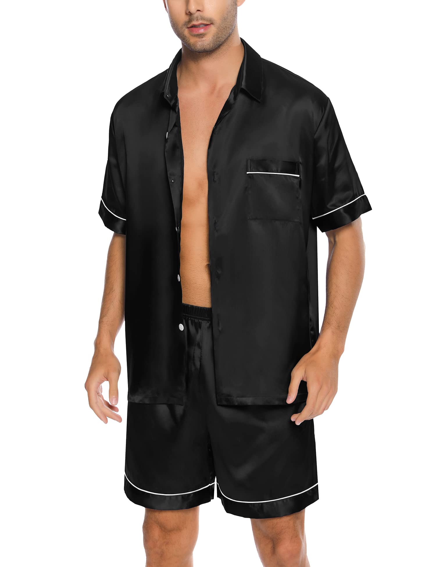 SWOMOG Men Silk Satin Pajamas Set Button Down Sleepwear Short Sleeve Pjs Set Soft 2 Piece Lounge Set Nightwear with Pockets Black Medium