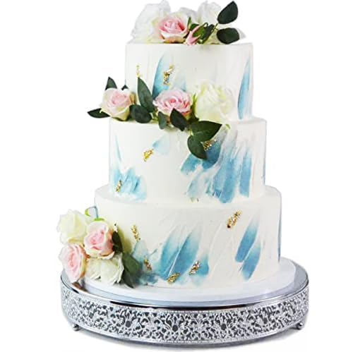 FEICTPOX Cake Stand, Metal Round Cupcake Dessert Stand Cake Display Holder Cookies Fruit Serving Tray Decor for Wedding Party Birthday Baby Showers Anniversary (16in, Silver,Hi-Q)
