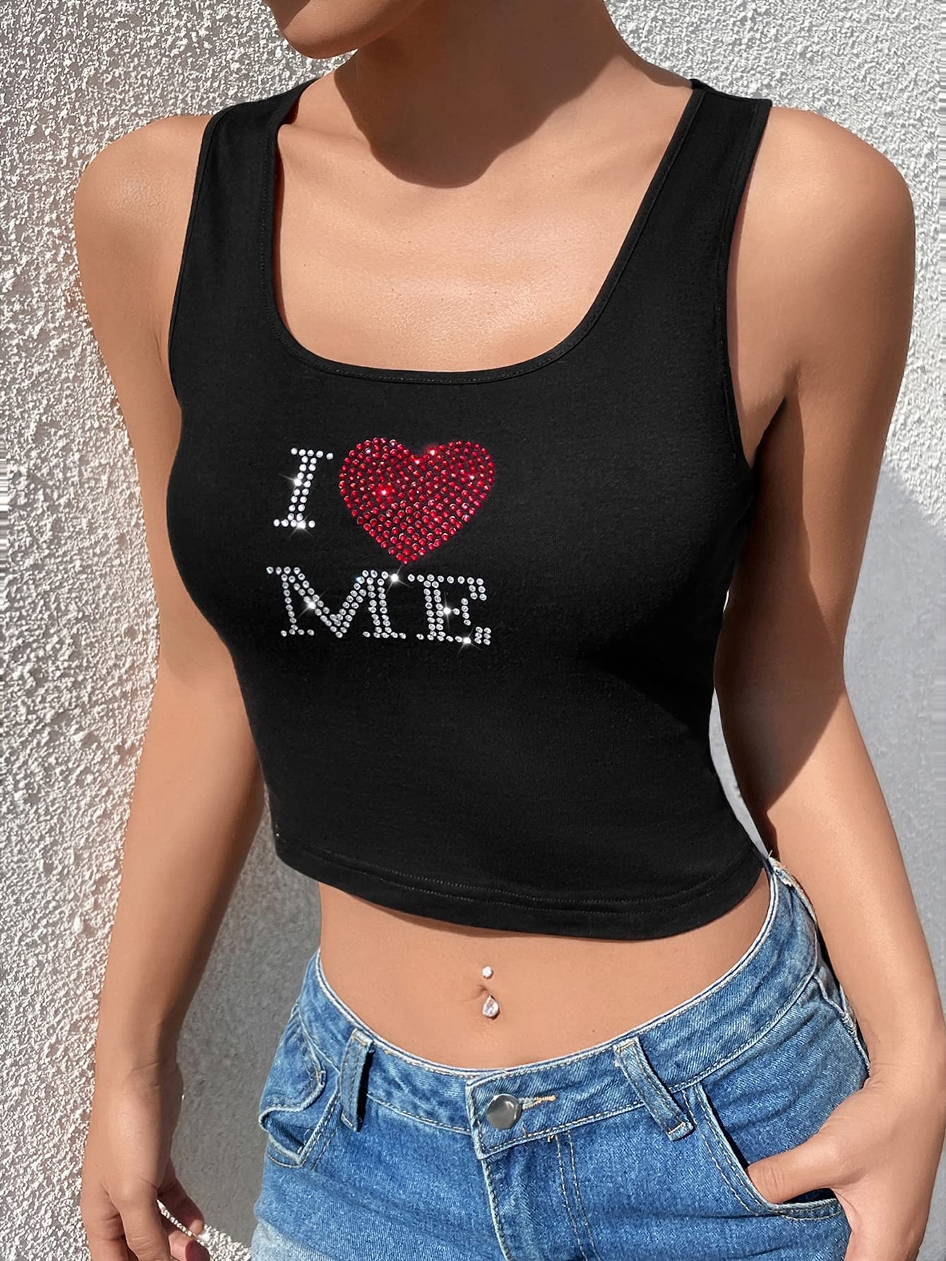 SOLY HUX Women's Rhinestone Heart Letter Print Y2K Crop Tank Top Scoop Neck Sleeveless T Shirts Solid Black XS