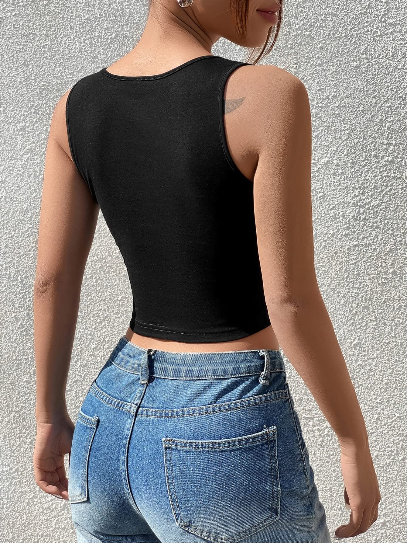 SOLY HUX Women's Rhinestone Heart Letter Print Y2K Crop Tank Top Scoop Neck Sleeveless T Shirts Solid Black XS