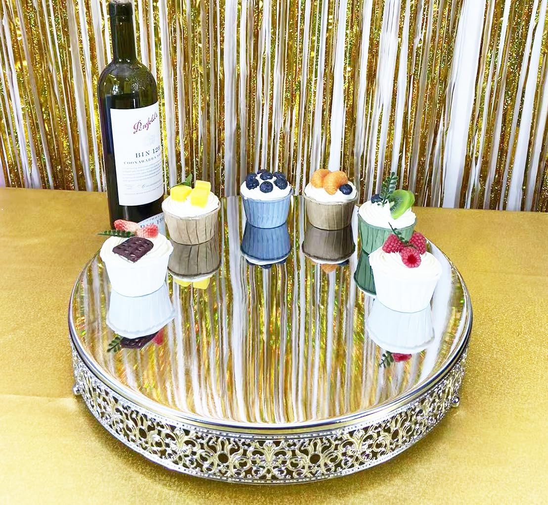 FEICTPOX Cake Stand, Metal Round Cupcake Dessert Stand Cake Display Holder Cookies Fruit Serving Tray Decor for Wedding Party Birthday Baby Showers Anniversary (16in, Silver,Hi-Q)
