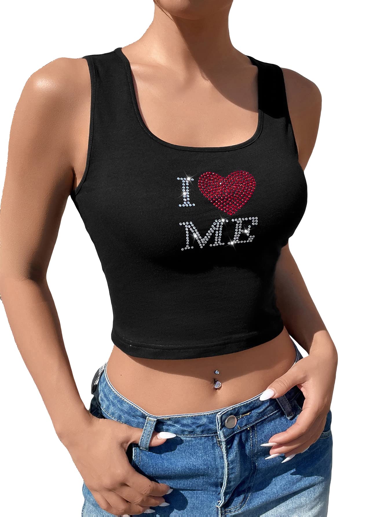 SOLY HUX Women's Rhinestone Heart Letter Print Y2K Crop Tank Top Scoop Neck Sleeveless T Shirts Solid Black XS