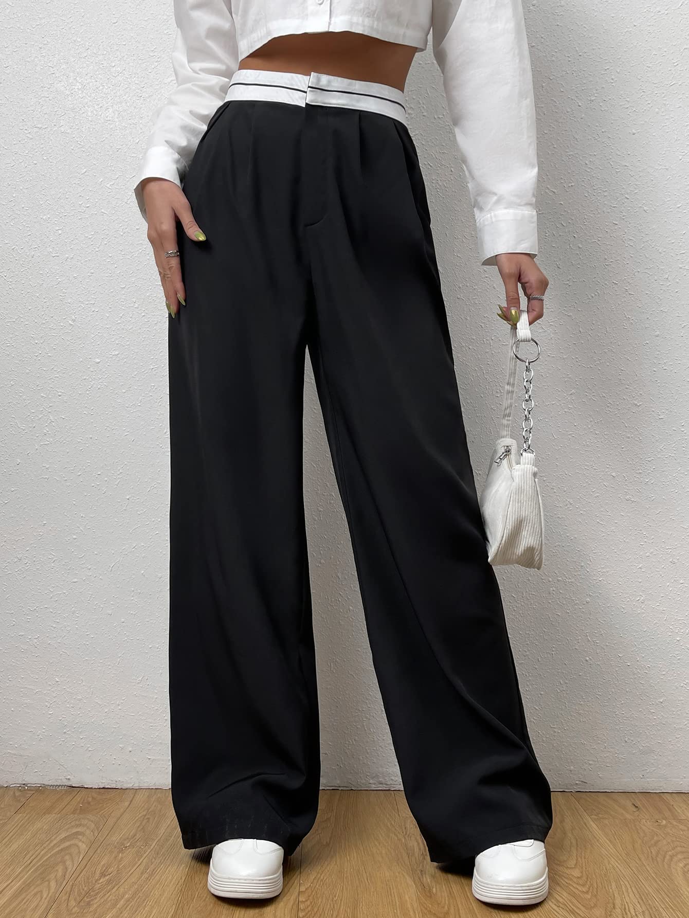 Verdusa Women's Zip Up High Waist Wide Leg Loose Long Pants Bell Bottom Black S