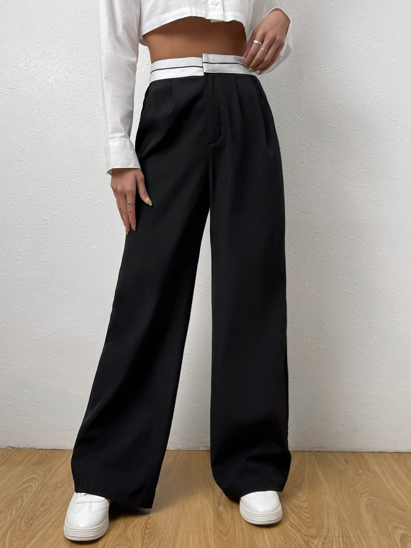 Verdusa Women's Zip Up High Waist Wide Leg Loose Long Pants Bell Bottom Black S