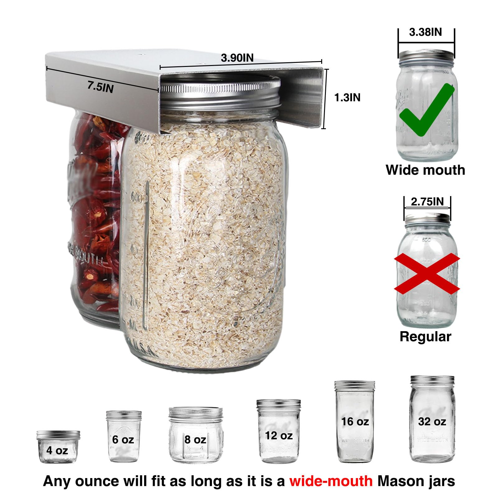 Mason Jar Organizer, Mason Jars Rack for Food Storage, Canning Jar Holder Under Kitchen Cabinet, Mason Spice Jars Hanger Brackets for 4oz, 8oz, 12oz, 16oz, 24oz, 32oz, 64oz (2 Pcs-Wide Mouth)