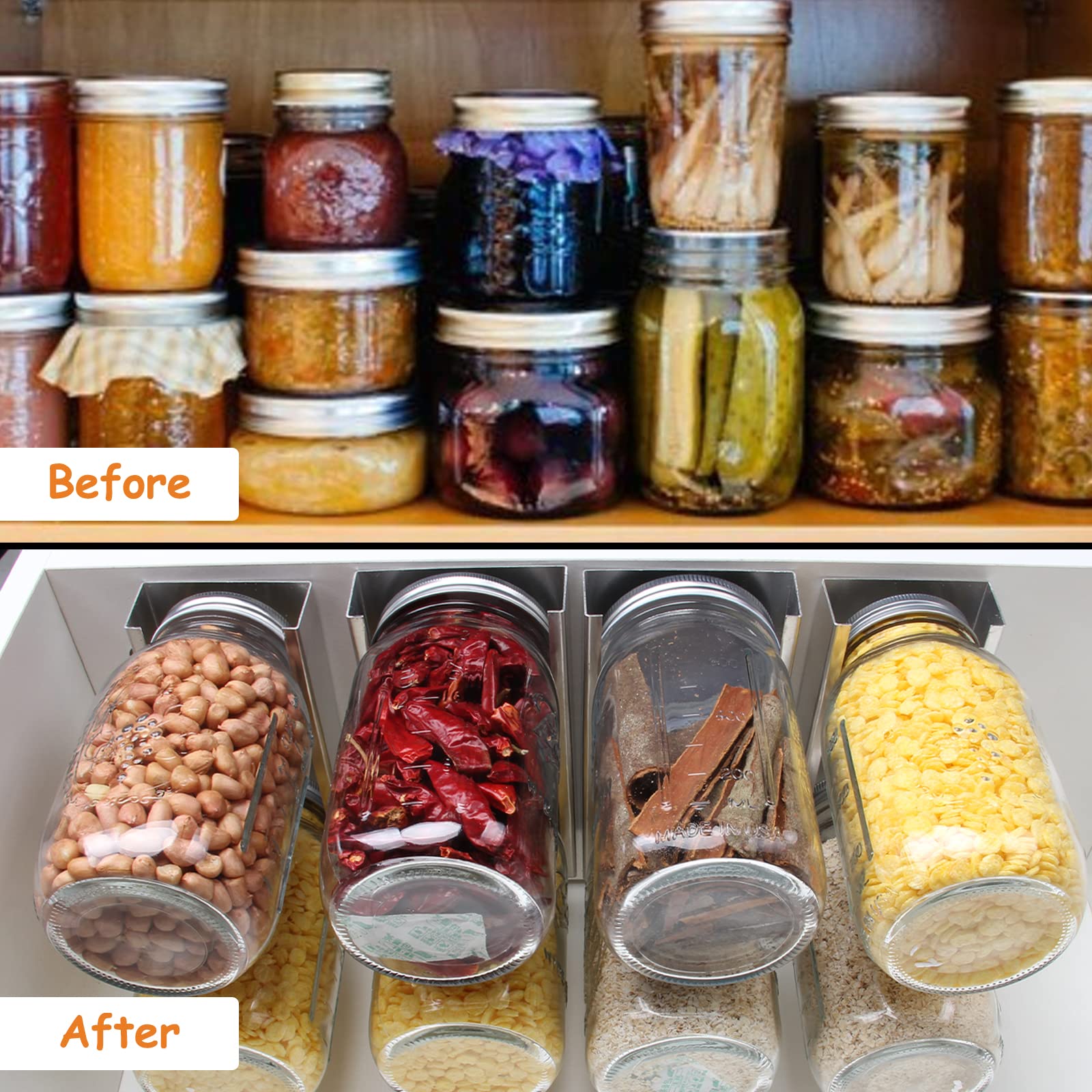 Mason Jar Organizer, Mason Jars Rack for Food Storage, Canning Jar Holder Under Kitchen Cabinet, Mason Spice Jars Hanger Brackets for 4oz, 8oz, 12oz, 16oz, 24oz, 32oz, 64oz (2 Pcs-Wide Mouth)
