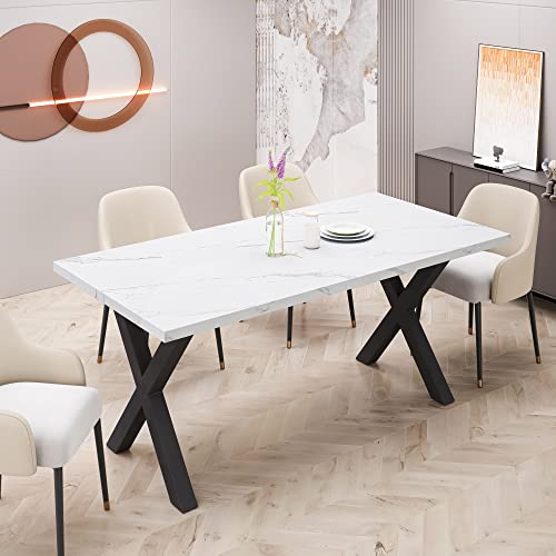 Henf 71" Dining Table for 6-8 People Luxury Faux Marble Kitchen Table Rectangular Dining Room Table with Double X-Shape Metal Base, Large Long Dinner Table for Kitchen Dining Room (White & Black)