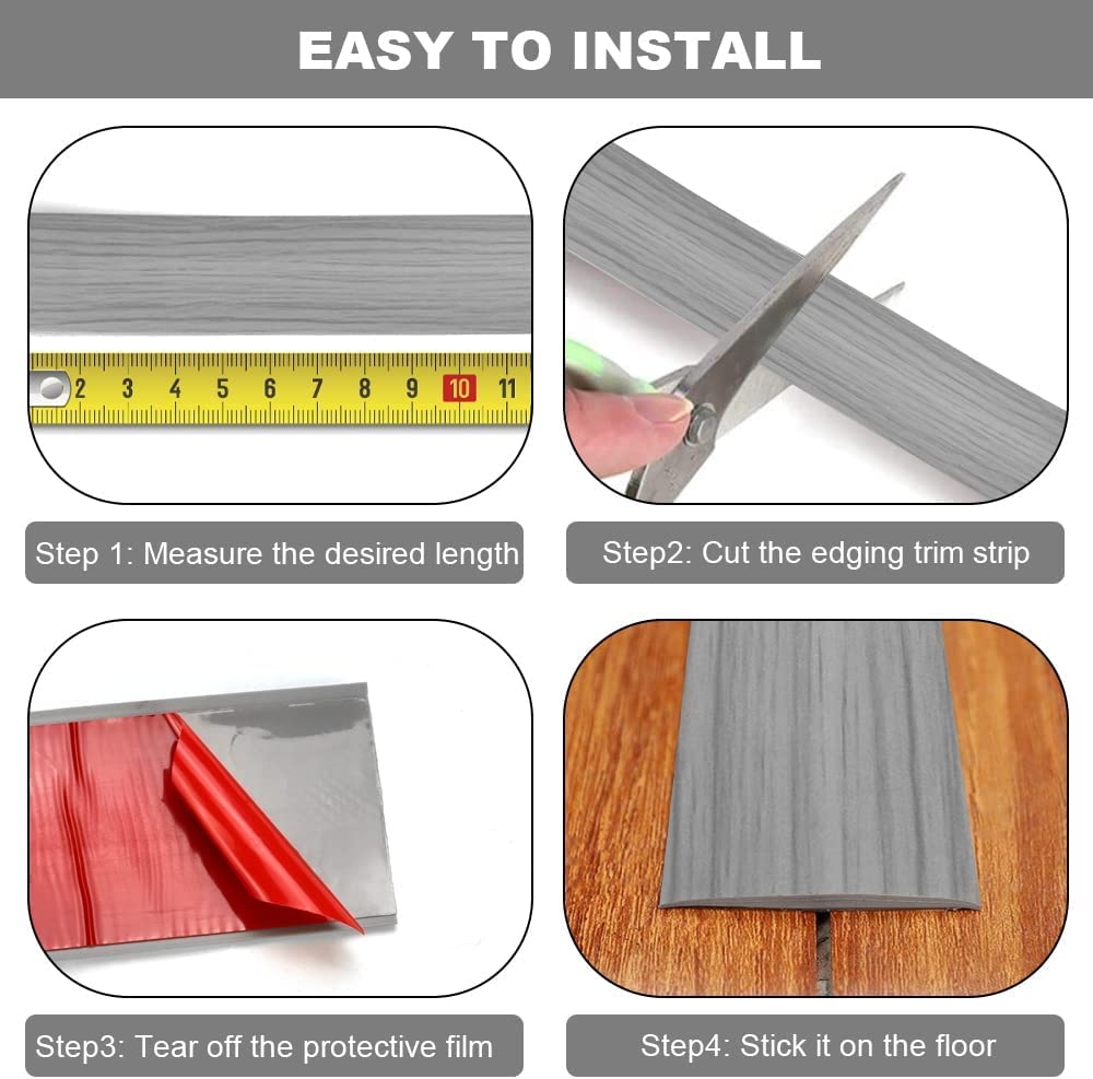 Floor Transition Strip Floor Cover Strips Self Adhesive Flooring Transitions Laminate Floor Strip 2" Wide Vinyl Floor Flat Divider Strip Elegant Wood Grain Design (Grey, 5cm, 10Ft)