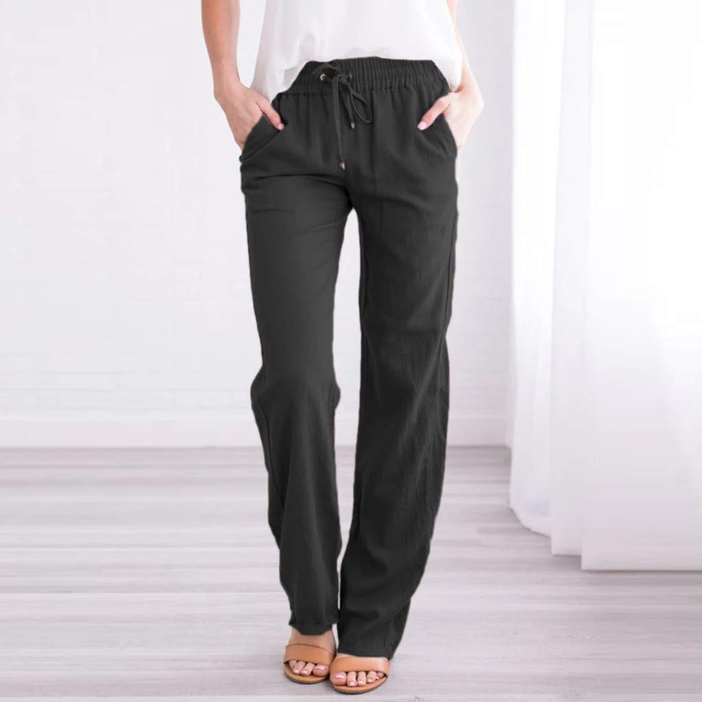 Uillui Pants for Women Casual Comfortable Straight Cotton Linen Elastic Waist Slacks Trousers Loose Fit Wide Leg A03_black