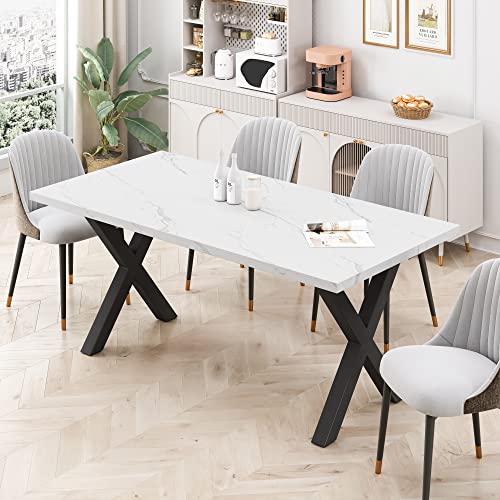 Henf 71" Dining Table for 6-8 People Luxury Faux Marble Kitchen Table Rectangular Dining Room Table with Double X-Shape Metal Base, Large Long Dinner Table for Kitchen Dining Room (White & Black)