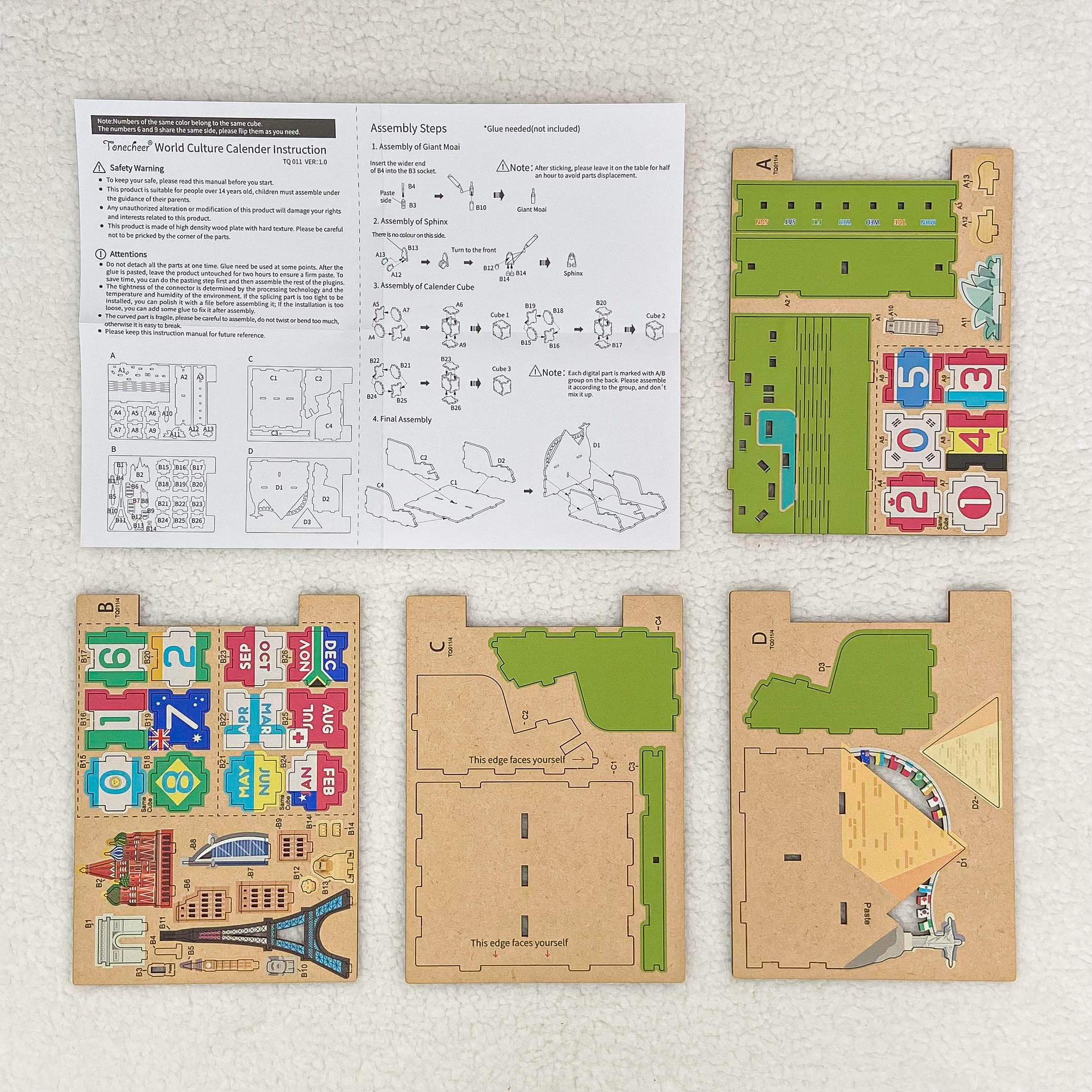 Tonecheer 3D DIY Wooden Yearly Calender, Creative Desk Calender, 3D Puzzle Decorative Calendar, Small Desk Calendar, Table Calendar (World Culture Calendar)