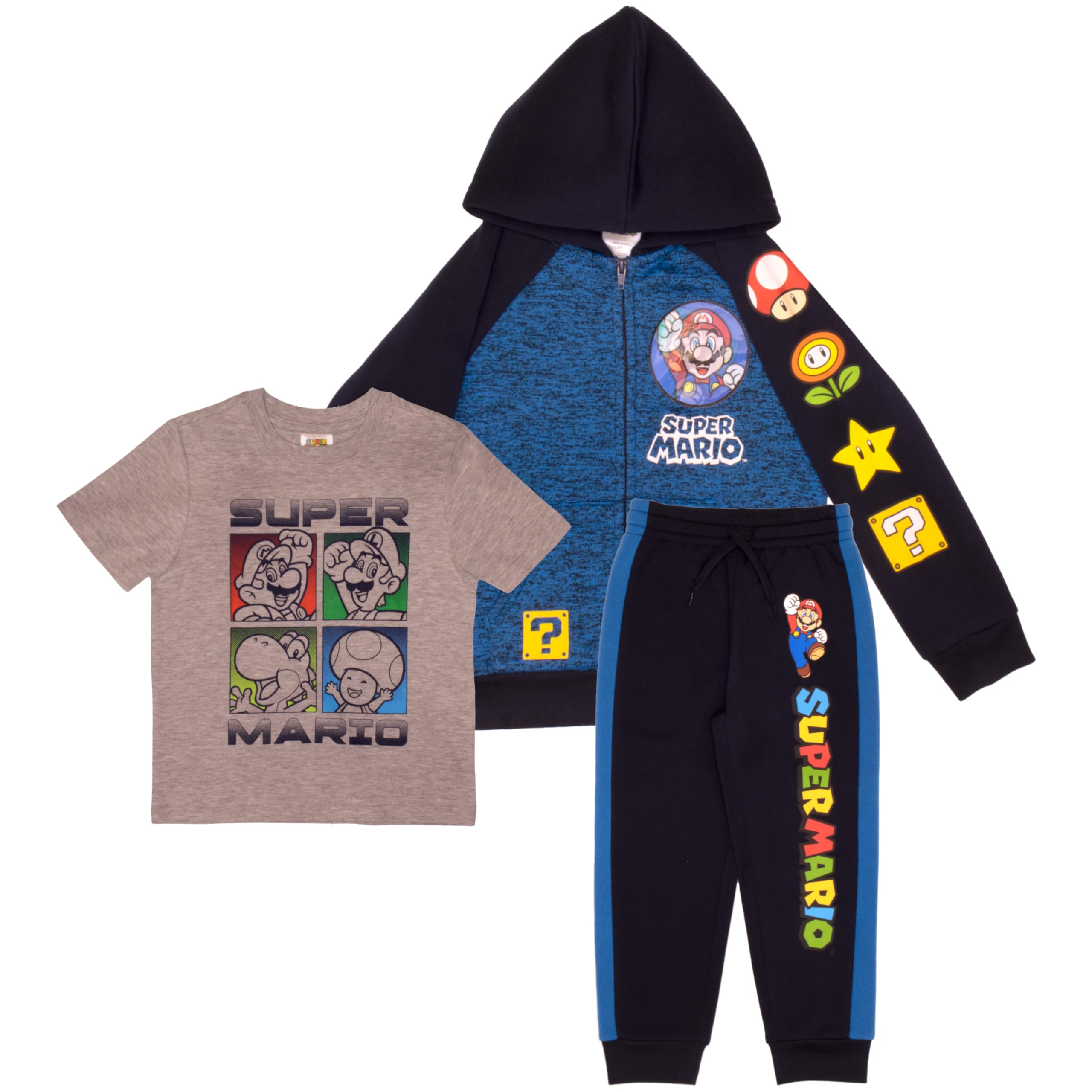 Nintendo Super Mario Video Game 3-Piece Set Boys Short Sleeve T-Shirt, Zip Up Hoodie, Jogger Pants 3-Pack Bundle Set (Size 8, Grey)