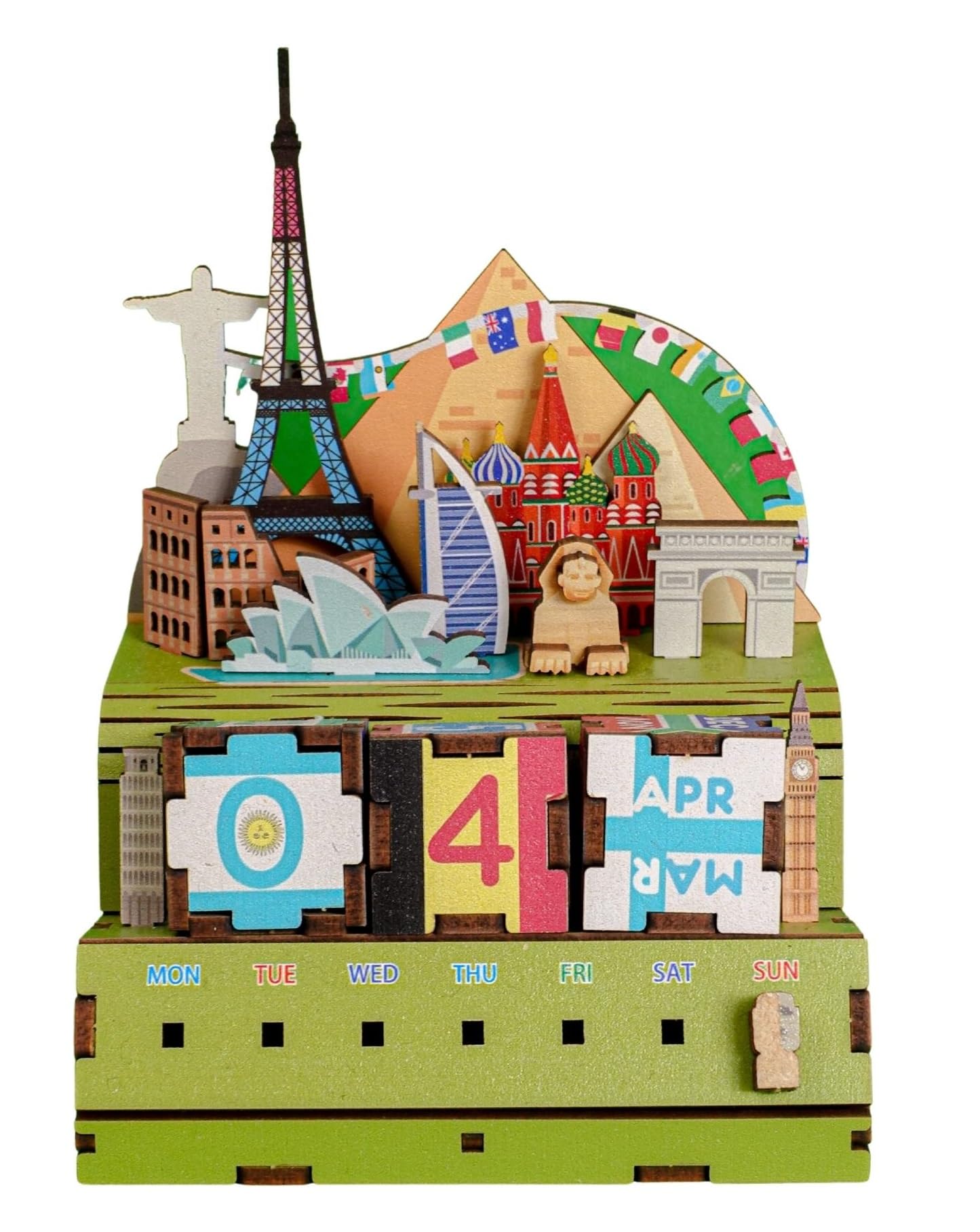 Tonecheer 3D DIY Wooden Yearly Calender, Creative Desk Calender, 3D Puzzle Decorative Calendar, Small Desk Calendar, Table Calendar (World Culture Calendar)