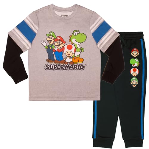 Nintendo Super Mario Video Game 2-Piece Set, Boys Long Sleeve T-Shirt & Jogger Pants 2-Pack Bundle Set for Kids and Toddlers (Size 8, Grey)
