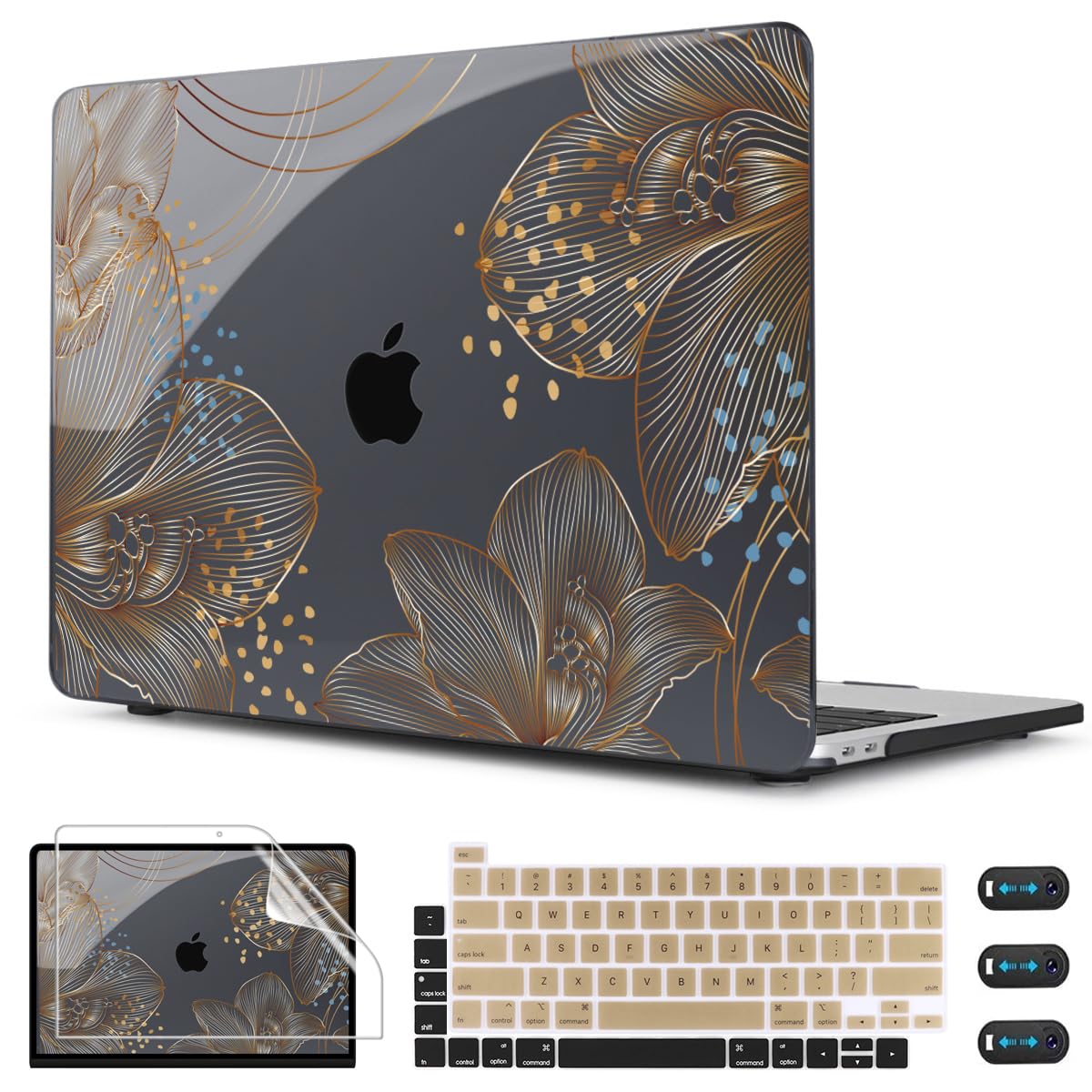 CISSOOK for MacBook Pro 13 inch Case 2023 2022-2020 Release Model A2338 M1 M2 A2289 A2251 with Touch Bar, Plastic Hard Shell Case & Keyboard Cover & Screen Protector for Pro 13, Gorgeous Gold Floral