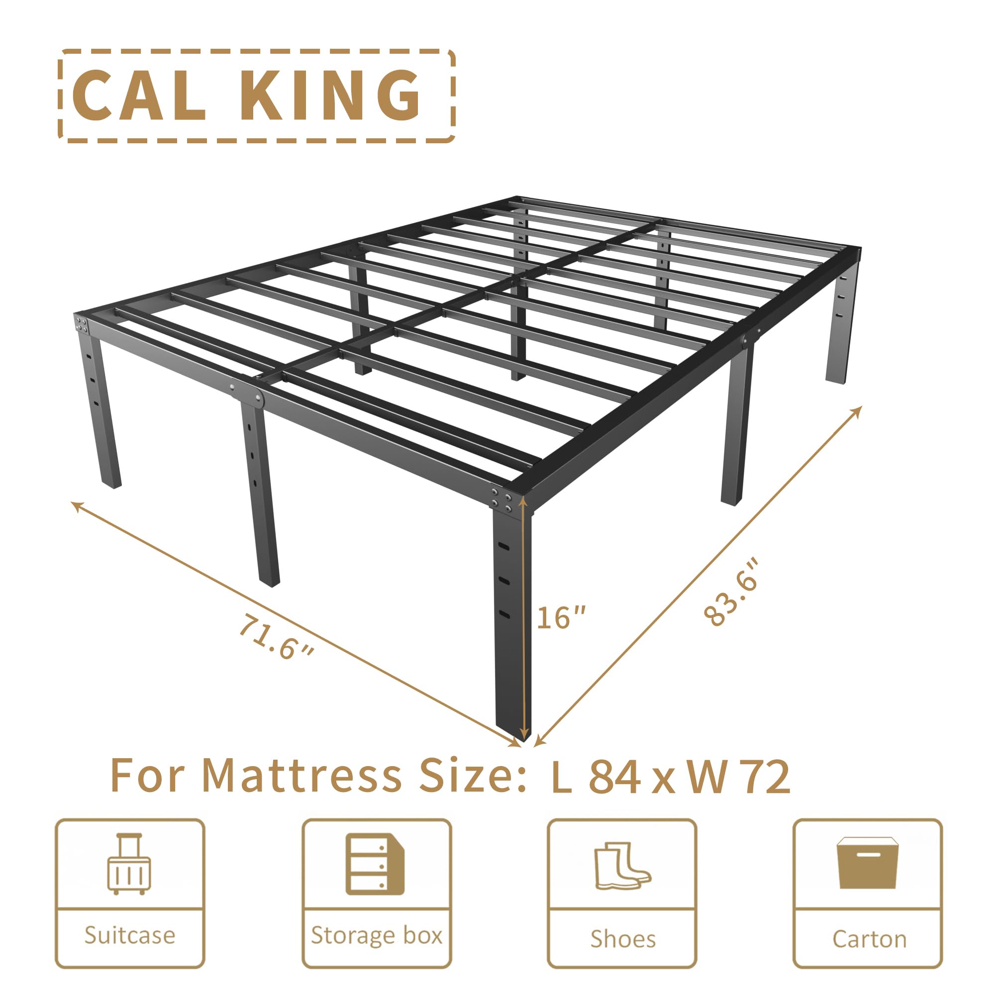 HOBINCHE 16 Inch California King Size Bed Frame - No Box Spring Needed Heavy Duty Black Metal Platform Mattress Foundation, Non-Slip Noise Free Easy Assembly Bedframes with Cleance Storage