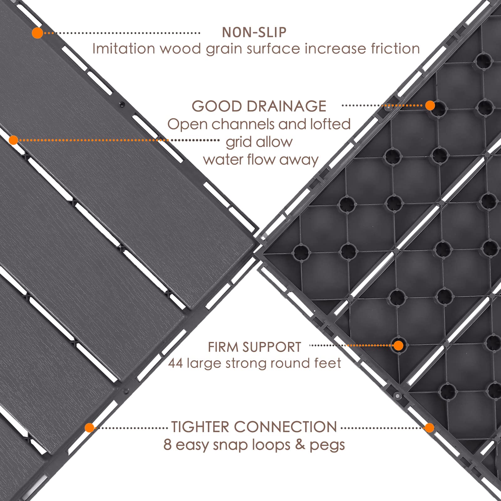 Interlocking Deck Tiles, 12 PCS 12” x 12” Patio Tiles Waterproof Plastic Outdoor Flooring Covering All Weather for Walkway Front Porch Poolside Balcony Backyard, Wood Grain Gray