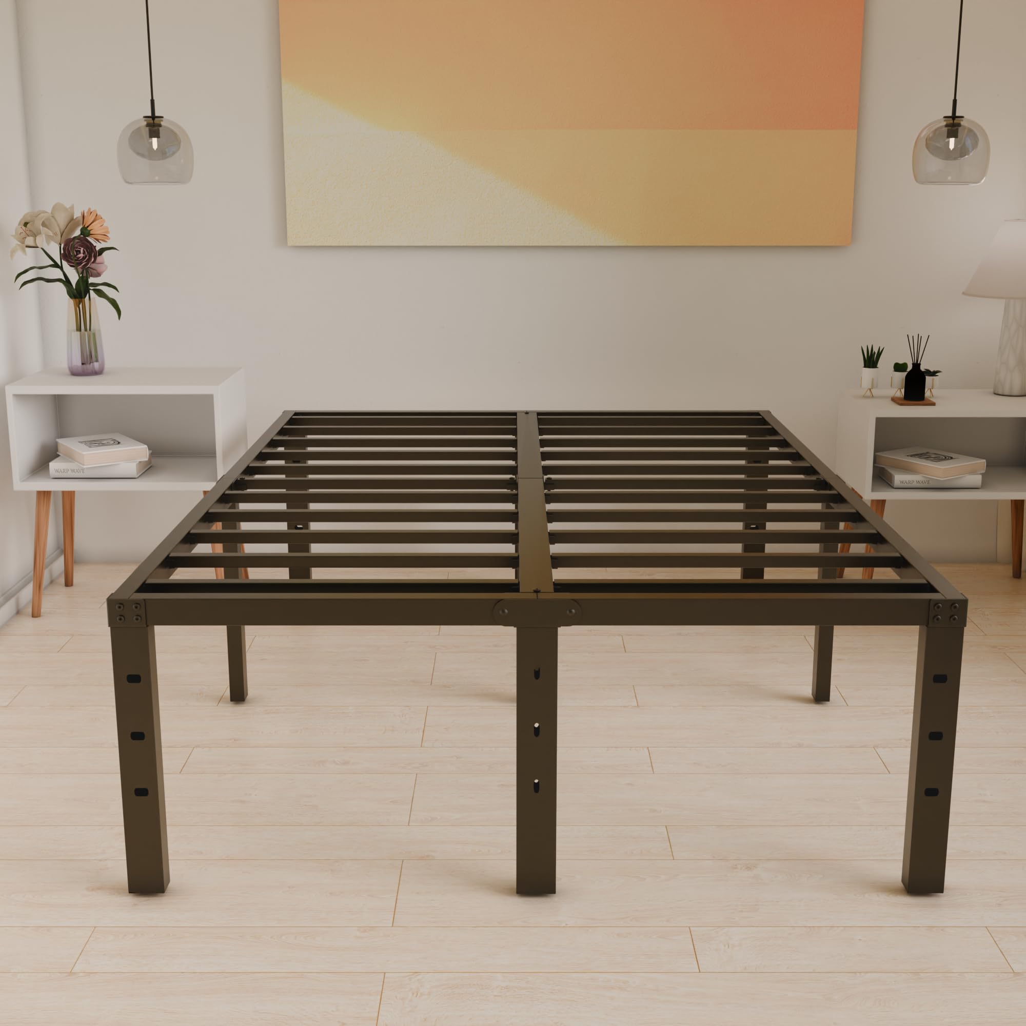 HOBINCHE 16 Inch California King Size Bed Frame - No Box Spring Needed Heavy Duty Black Metal Platform Mattress Foundation, Non-Slip Noise Free Easy Assembly Bedframes with Cleance Storage