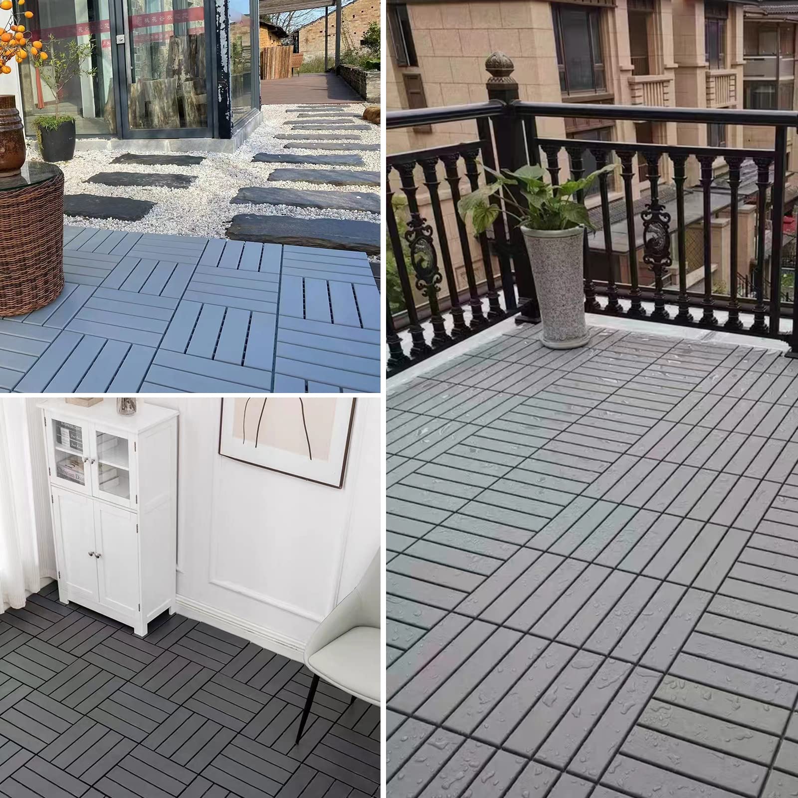 Interlocking Deck Tiles, 12 PCS 12” x 12” Patio Tiles Waterproof Plastic Outdoor Flooring Covering All Weather for Walkway Front Porch Poolside Balcony Backyard, Wood Grain Gray