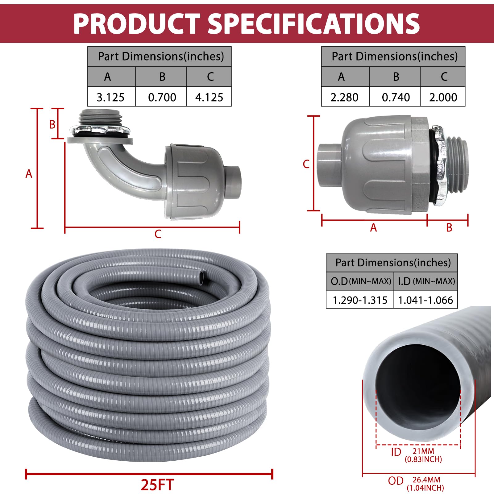 VASALAID 1/2inch 25ft Electrical Conduit Kit, Flexible Non Metallic Liquid Tight Conduit, Flexible Conduit with 6 Straight and 3 Angle Fittings, Not Include 10-AWG 3 Colour Wire (1/2" Dia)
