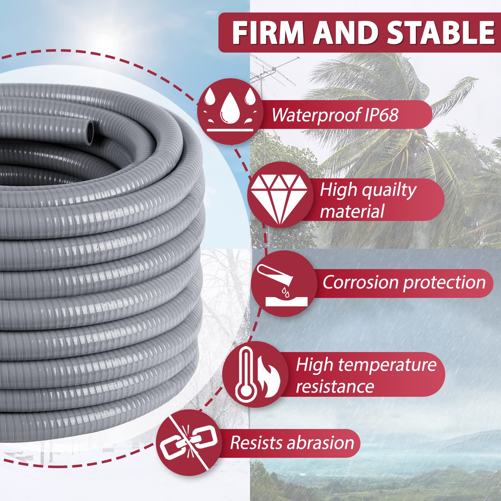 VASALAID 1/2inch 25ft Electrical Conduit Kit, Flexible Non Metallic Liquid Tight Conduit, Flexible Conduit with 6 Straight and 3 Angle Fittings, Not Include 10-AWG 3 Colour Wire (1/2" Dia)