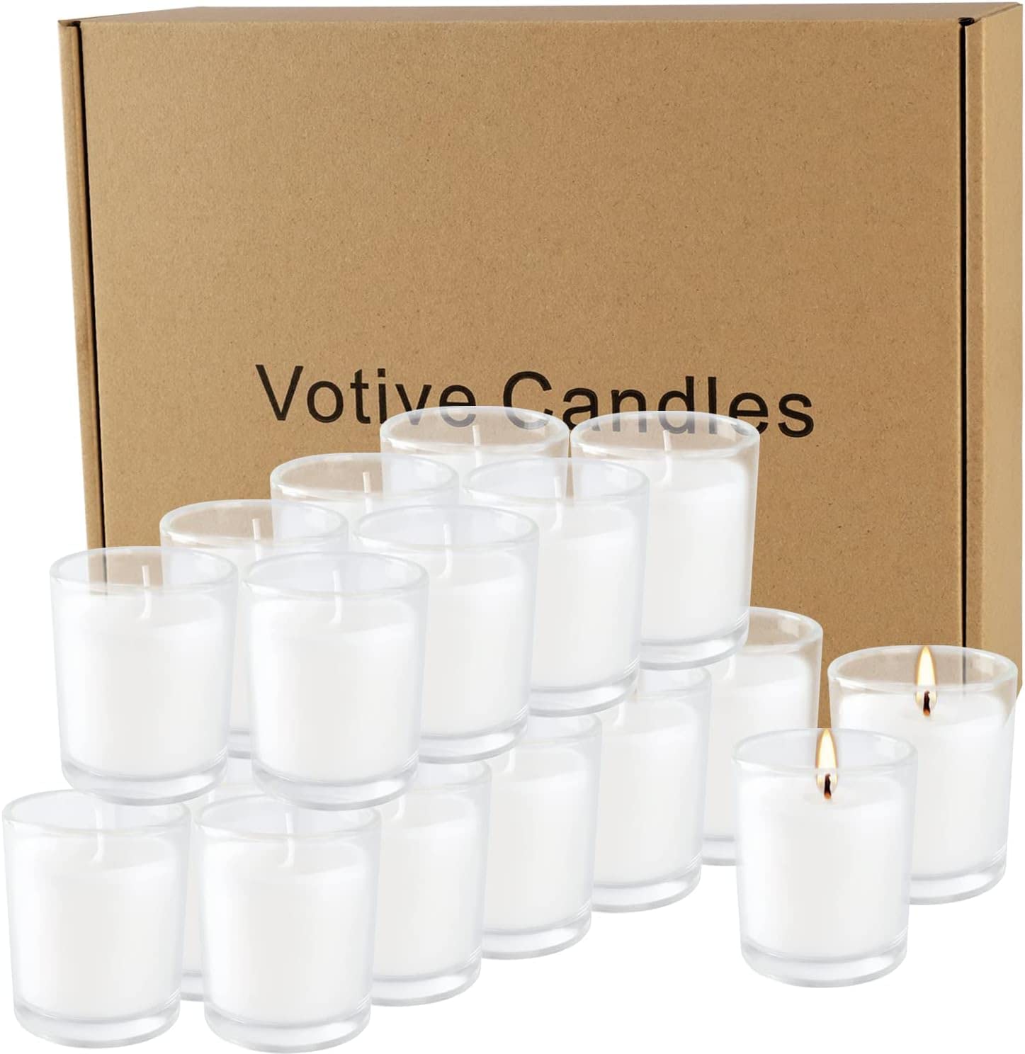 Onebird 20 Pack Warm White Unscented Clear Glass Filled Votive Candles. Hand Poured Wax Candle Ideal Gifts for Aromatherapy Spa Weddings Birthdays Holidays Party (Warm White)