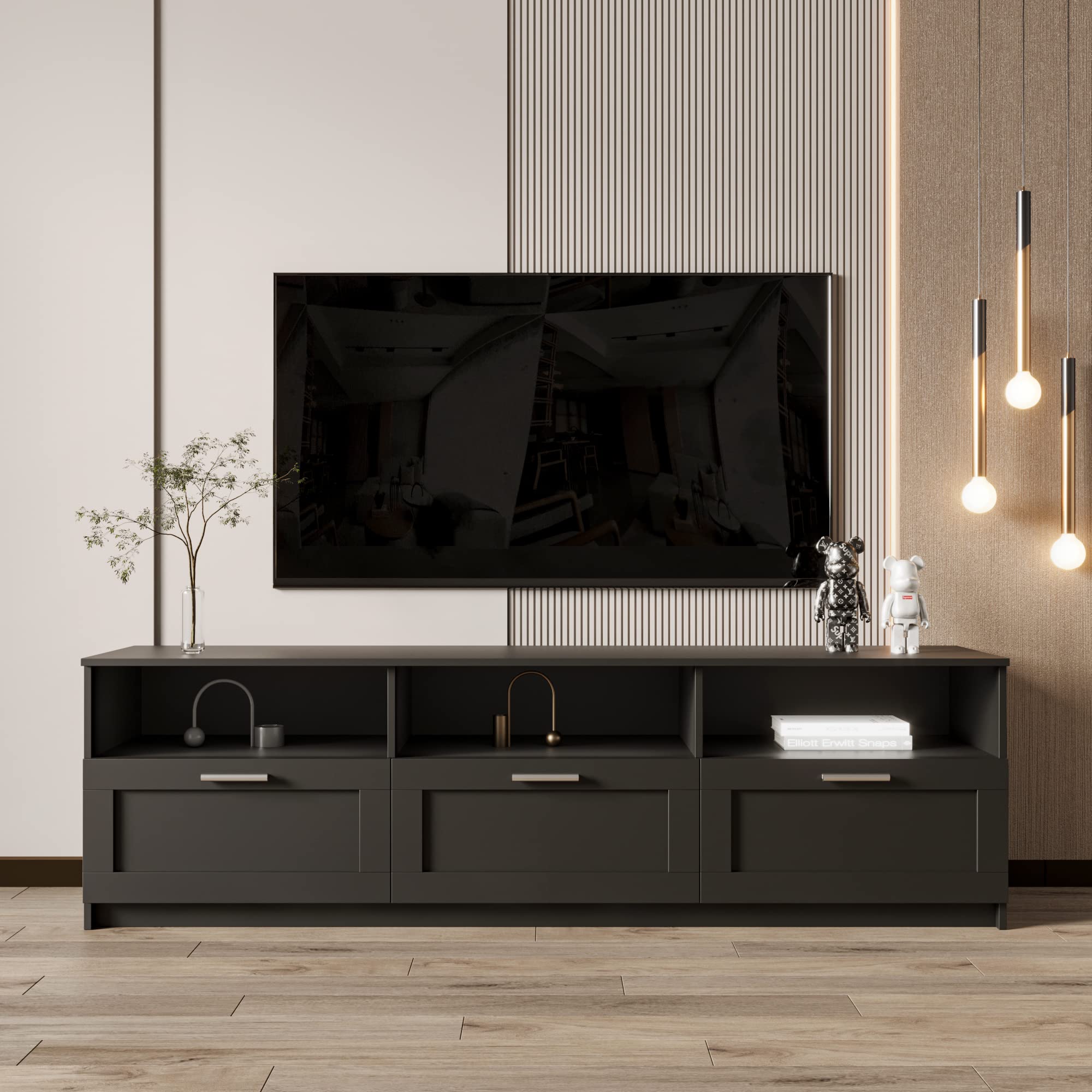 Black TV Stand with Storage Drawers for 70/75/80 inch TV, Entertainment Center Morden TV Stand, Media Console Table with Open Shelves for Living Room, Black