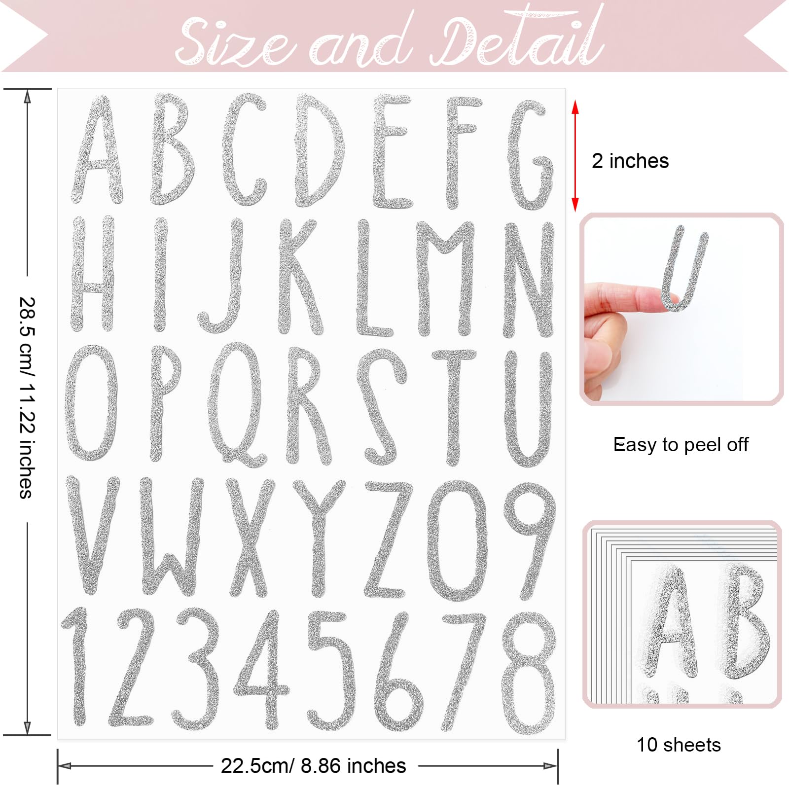 Waynoda Glitter Alphabet Letter Stickers 360 Pieces 10 Sheets Self Adhesive Letters(Silver,2Inch)