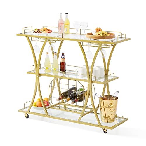 VEVOR Bar Cart Gold, 3 Tiers Home Bar Serving Cart on Lockable Wheels, Rolling Alcohol Cart with Tempered Glass Shelves Guardrail Wine Rack, Modern Wine Cart for Home Kitchen Dining and Living Room
