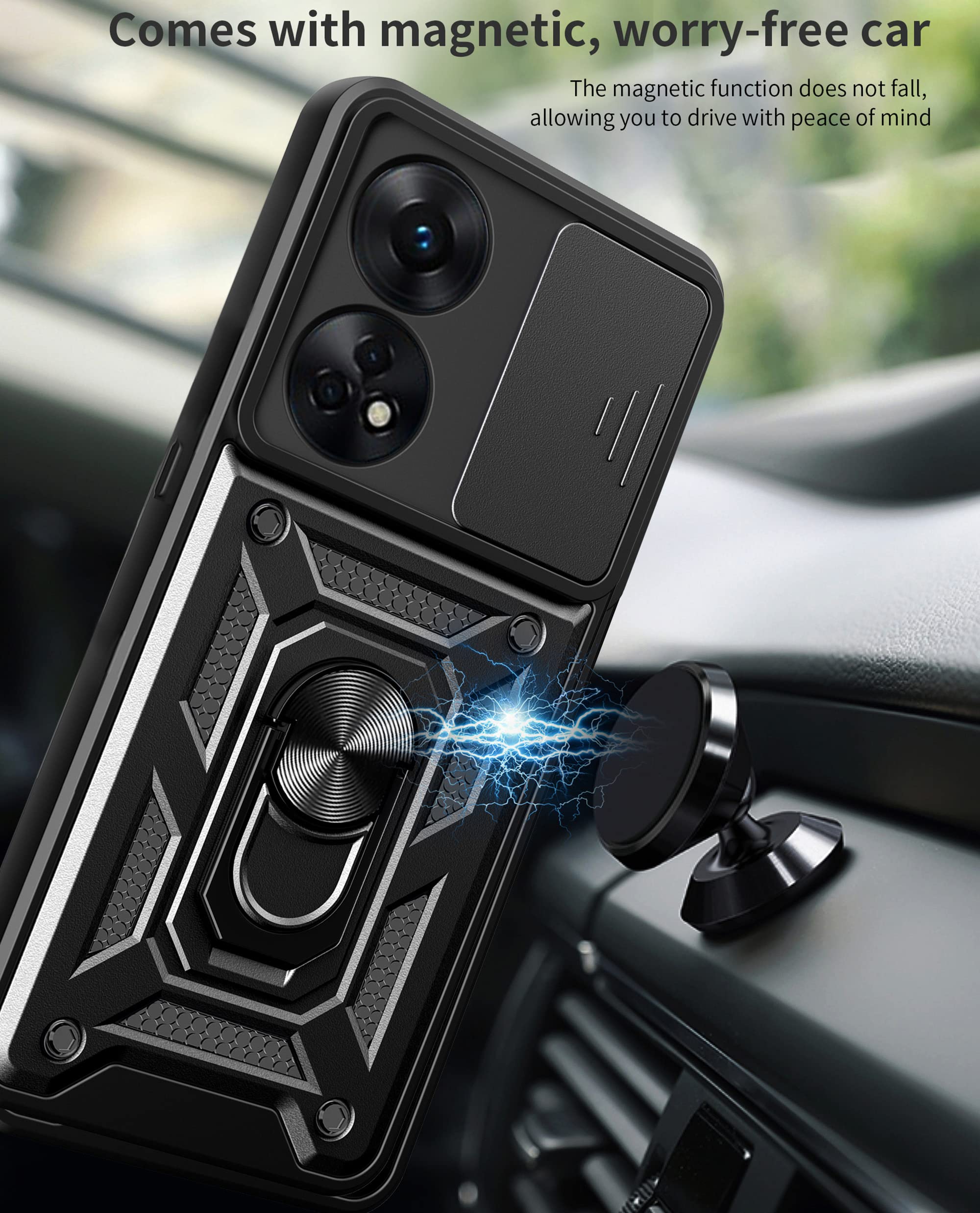 CCSmall for Oppo Reno8 T 4G (Not 5G) Case with Slide Camera Cover, Military Grade Drop Protective Phone Cover Case with Ring Kickstand for Oppo Reno 8T 4G SJ Black