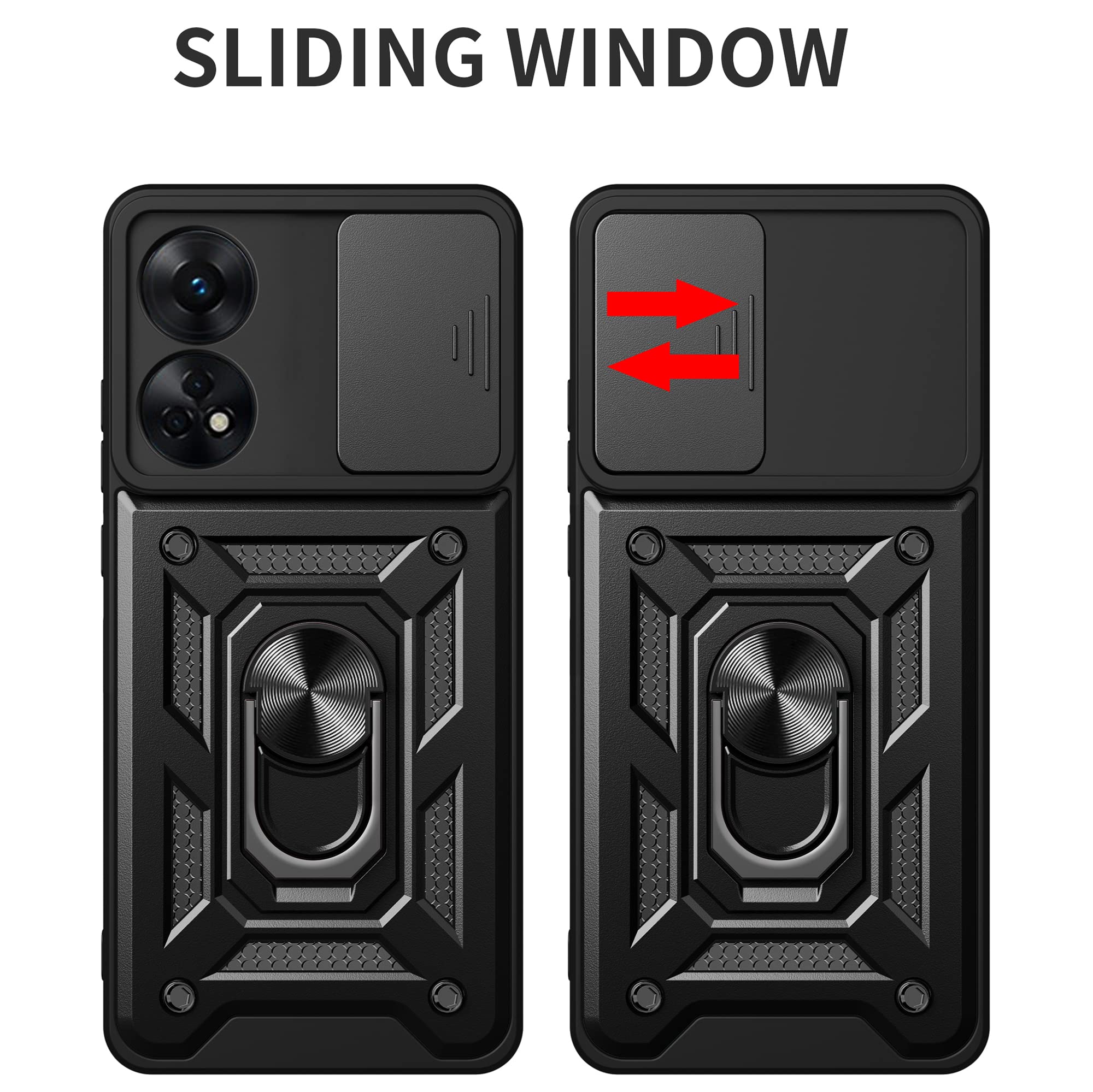 CCSmall for Oppo Reno8 T 4G (Not 5G) Case with Slide Camera Cover, Military Grade Drop Protective Phone Cover Case with Ring Kickstand for Oppo Reno 8T 4G SJ Black