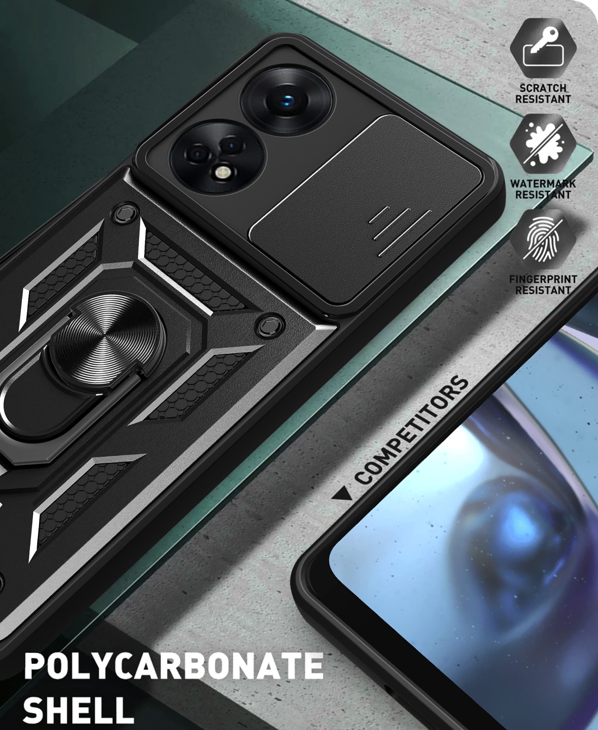 CCSmall for Oppo Reno8 T 4G (Not 5G) Case with Slide Camera Cover, Military Grade Drop Protective Phone Cover Case with Ring Kickstand for Oppo Reno 8T 4G SJ Black
