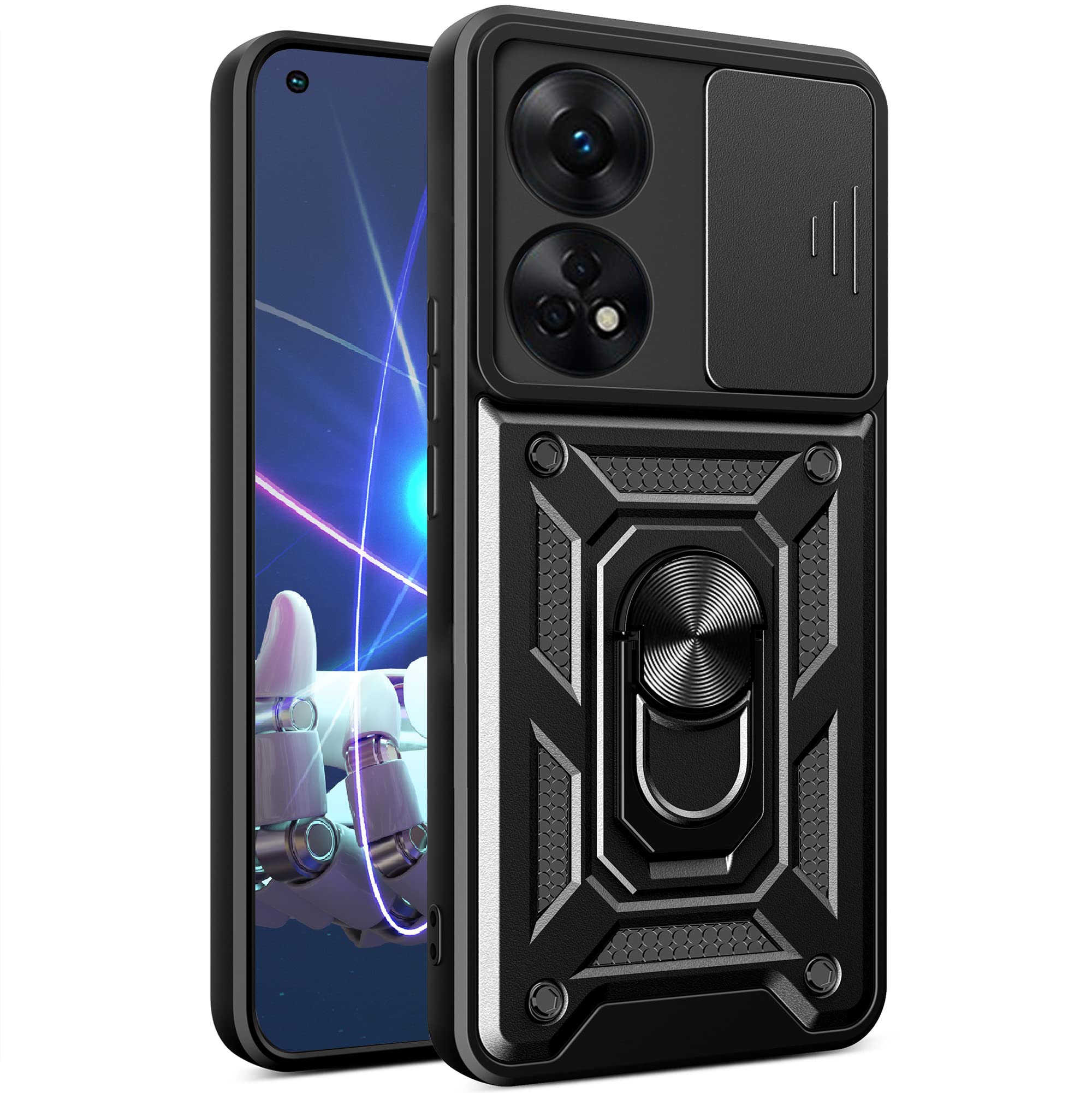 CCSmall for Oppo Reno8 T 4G (Not 5G) Case with Slide Camera Cover, Military Grade Drop Protective Phone Cover Case with Ring Kickstand for Oppo Reno 8T 4G SJ Black