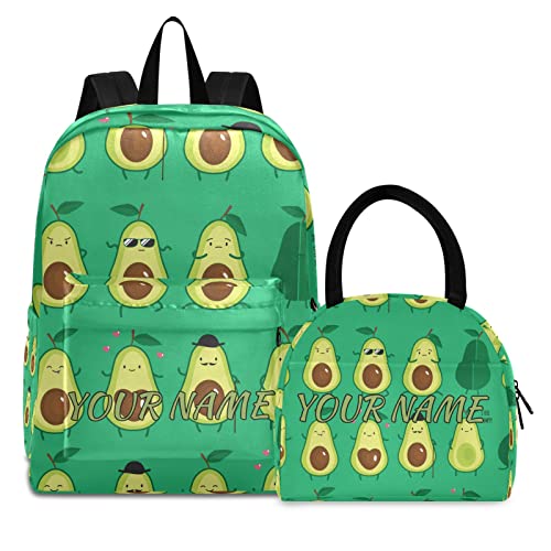 MCHIVER Cute Avocados Personalized School Backpack with Lunch Box Custom Backpack for Boys Girls Casual Bookbags Set for Travel Work Camping